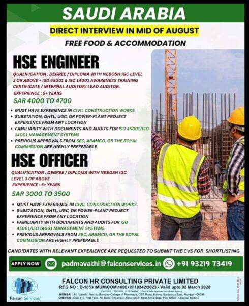 HSE Engineer and HSE Officer Wanted for Saudi Arabia: Salary 4700 SAR ...