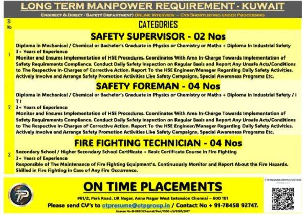 Safety Supervisor, Safety Foreman and Fire Fighting Technician Required ...