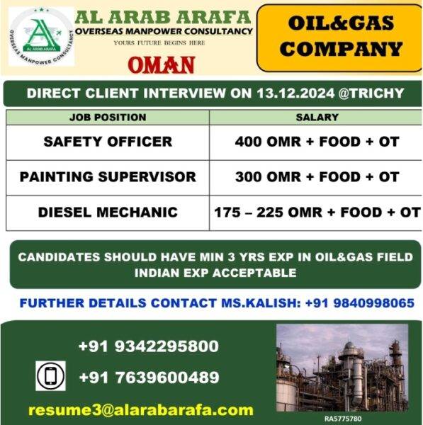 OIL & GAS COMPANY: SAFETY OFFICER JOB OPPORTUNITY IN OMAN - Salary 400 ...